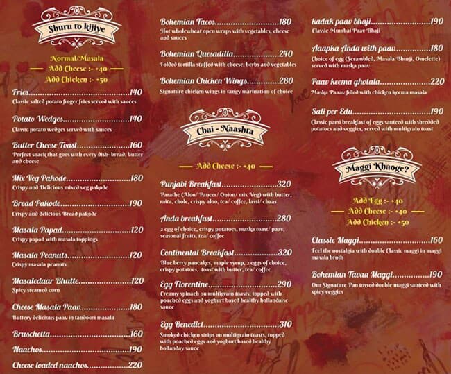 Menu of The Bohemia Cafe & Bar, CBD-Belapur, Navi Mumbai