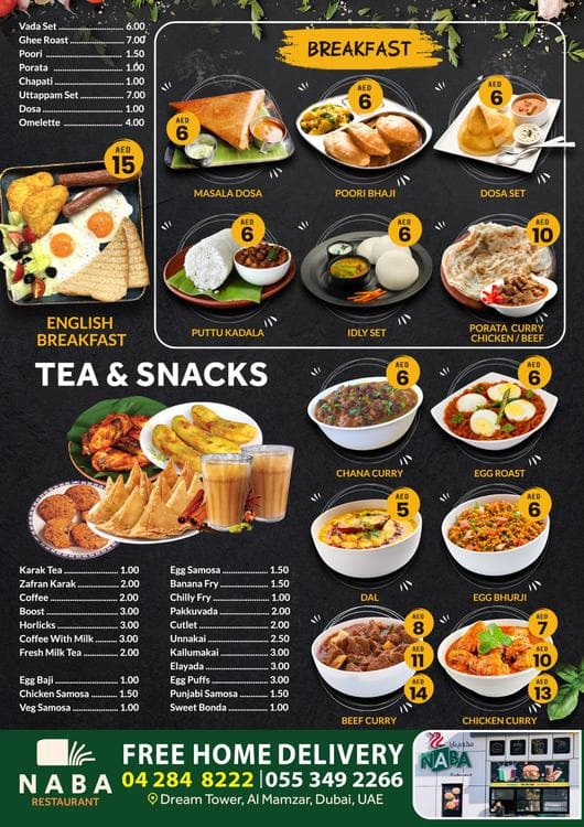 Menu of Naba Restaurant, Mamzar, Dubai
