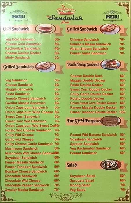 Menu at THE sandwich hub, Gwalior, Opposite Bank Of Baroda