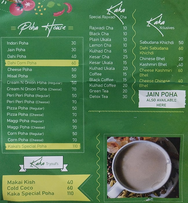 Menu of Kaka Na Cha Poha, Lower Parel, Mumbai