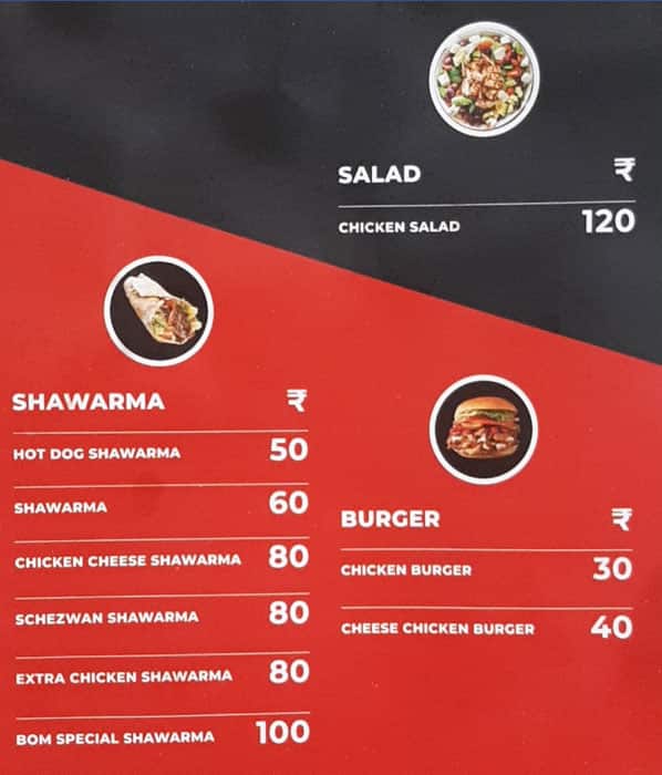 Menu of BOM Shawarma, Versova, Andheri West, Mumbai