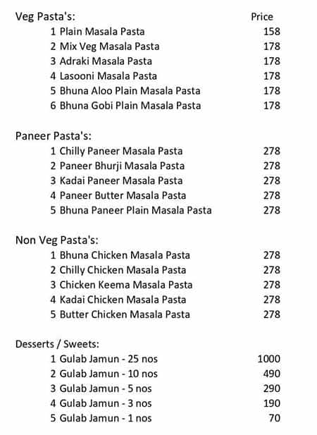 Menu of Indian Pasta, HSR, Bangalore