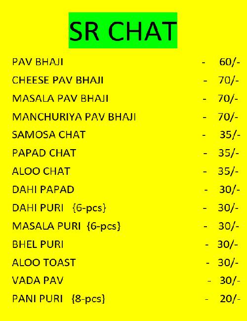 Menu of SR Chat, Meerpet, Hyderabad