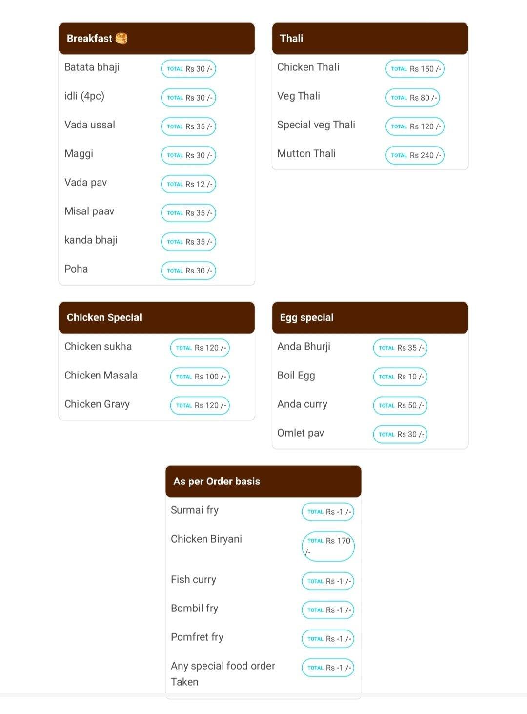 Menu of Kavya Podi Bhaji, Badlapur, Thane