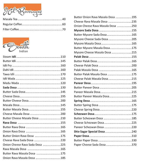 Menu of Shiv Sagar Veg Restaurant, Goregaon East, Mumbai