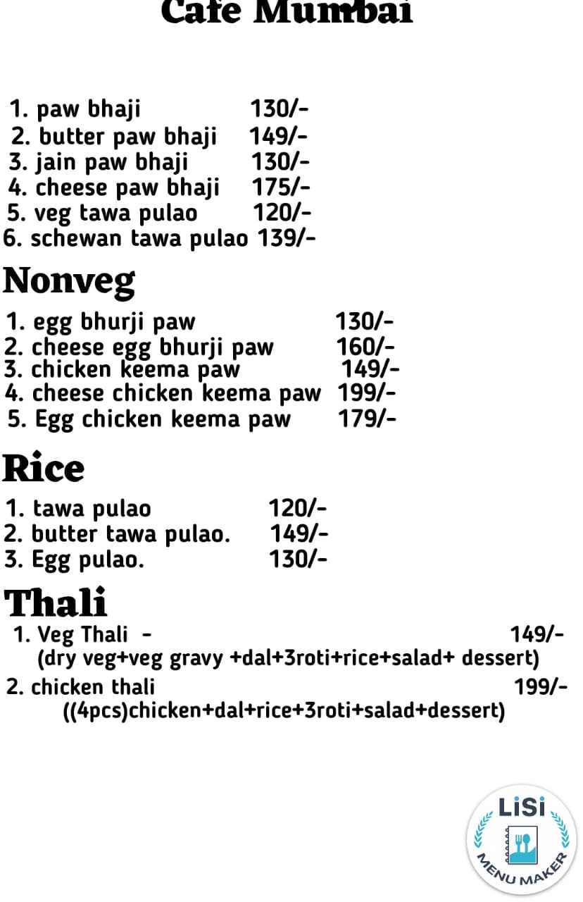 Menu of Cafe Mumbai, Kalindi, Kolkata