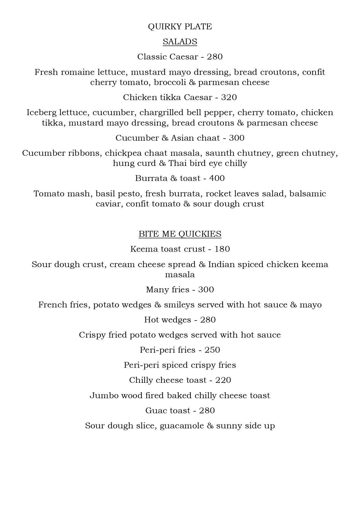 Menu of Quirky Plate, Sector 75, Noida