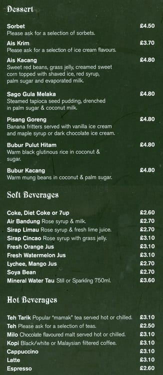 Menu at Satay House Malaysian Restaurant, London