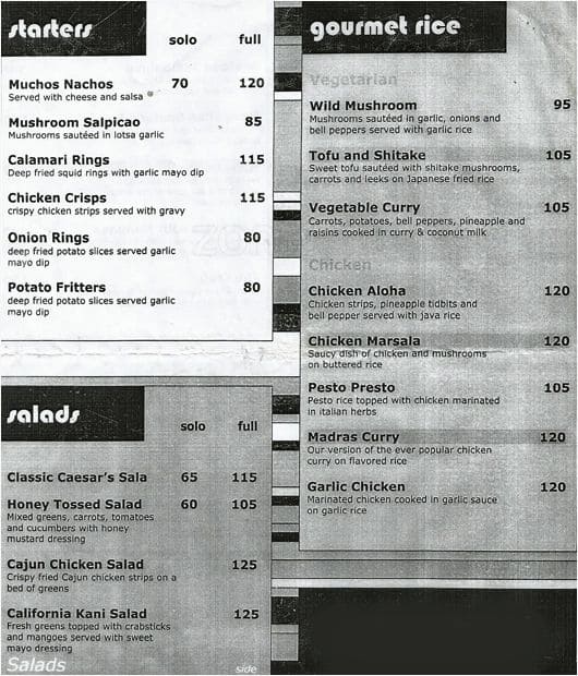 Carta de Zuppa Cafe, Manila, One Archer's Place