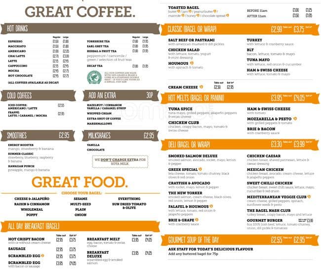 Menu at Bagel Factory Spinningfields cafe, Manchester, 4 Hardman St