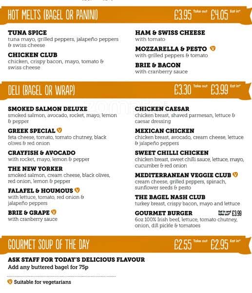Menu at Bagel Factory Spinningfields cafe, Manchester, 4 Hardman St