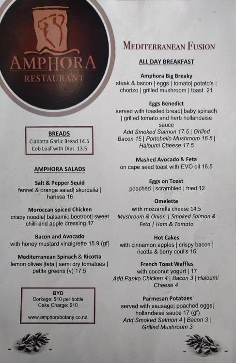 Menu at Amphora Restaurant, Auckland, Cnr Te Irirangi Dr & Ormiston Rd