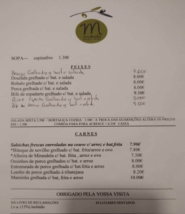 Menu at Manolo BBQ, Lisbon, Largo Mitelo 8