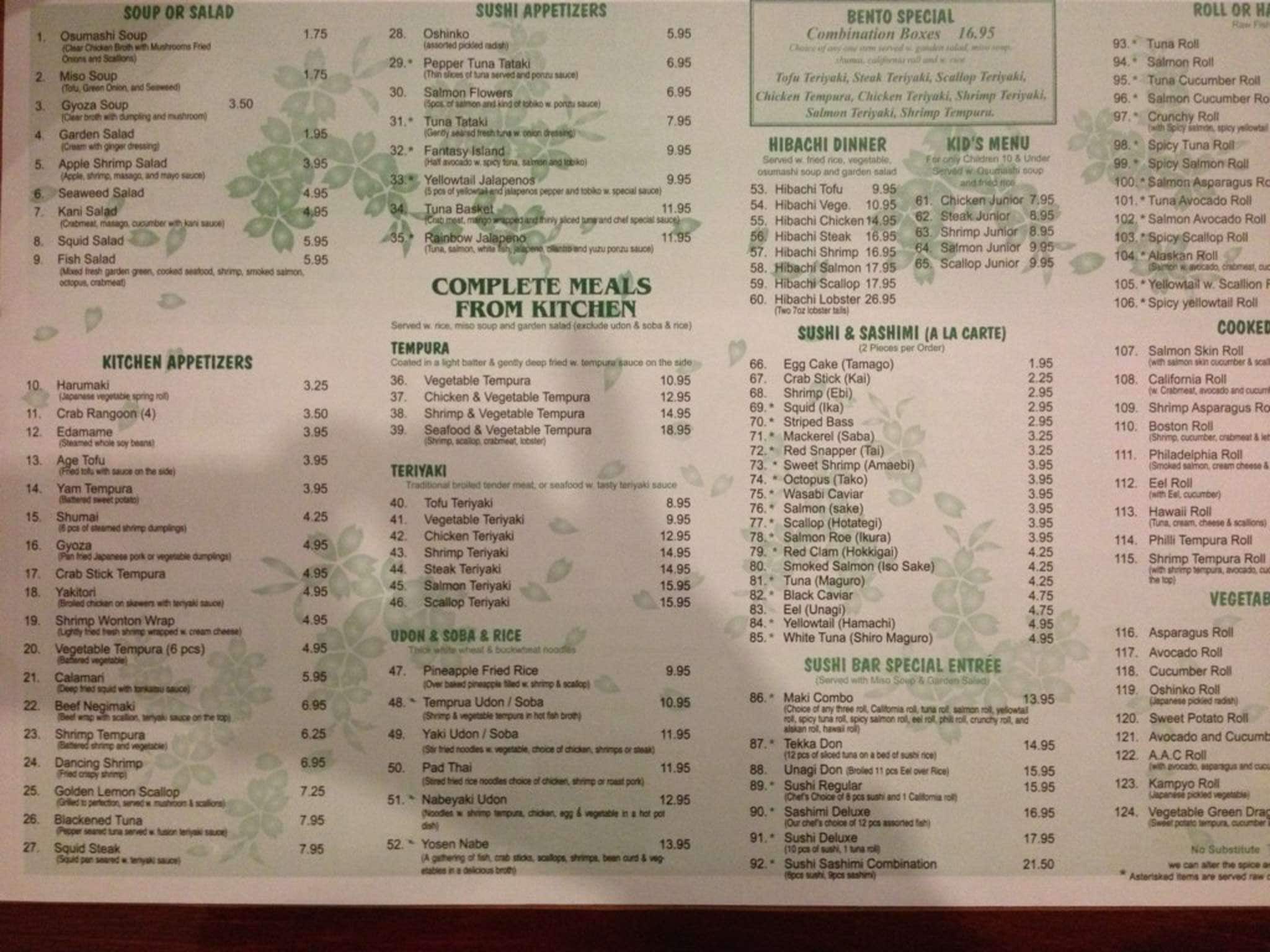 Menu at Fuji Sushi restaurant, Imperial