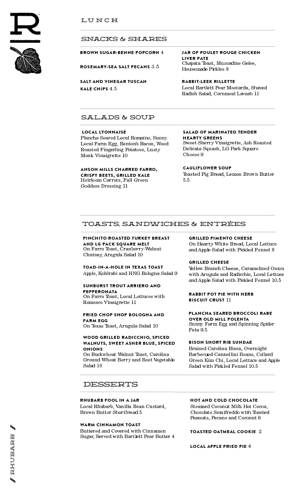 Menu at Rhubarb, Asheville