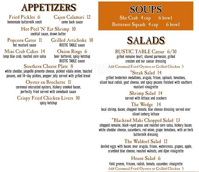 Menu at Rustic Table pub & bar, Pawleys Island