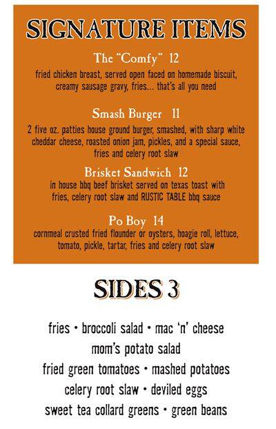 Menu at Rustic Table pub & bar, Pawleys Island