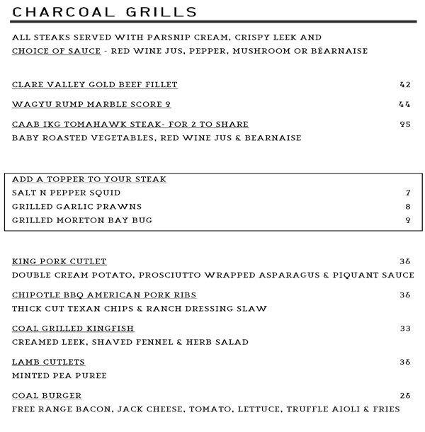 Menu at Coal Cellar + Grill restaurant, Adelaide