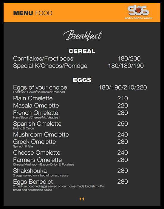 Menu of Sam's Beach Shack, Baga, Goa