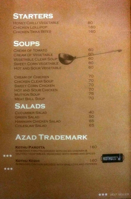 Menu of Azad Restaurant, Vazhuthacaud, Trivandrum