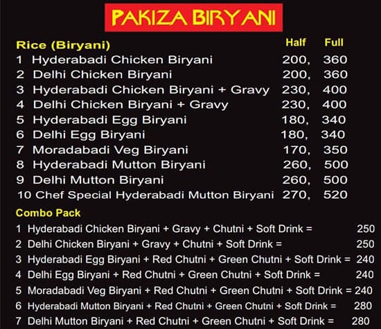 Menu at Pakiza Biryani, Ahmedabad