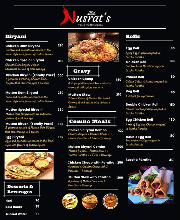 Menu at Nusrat's - Taste the Difference, Kolkata