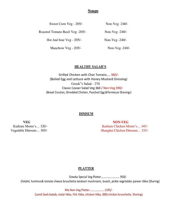 Menu of Greeka, Gandhi Nagar, Ranchi