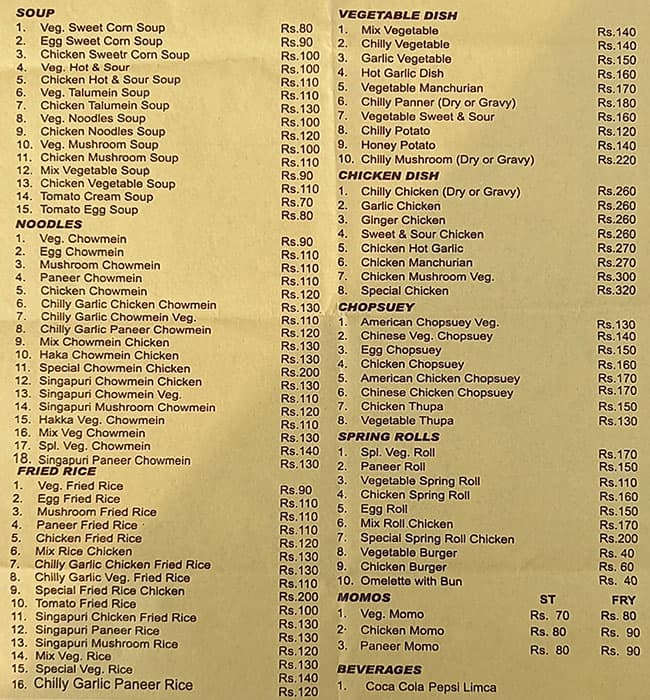 Menu of Little Dragon, Defence Colony, New Delhi