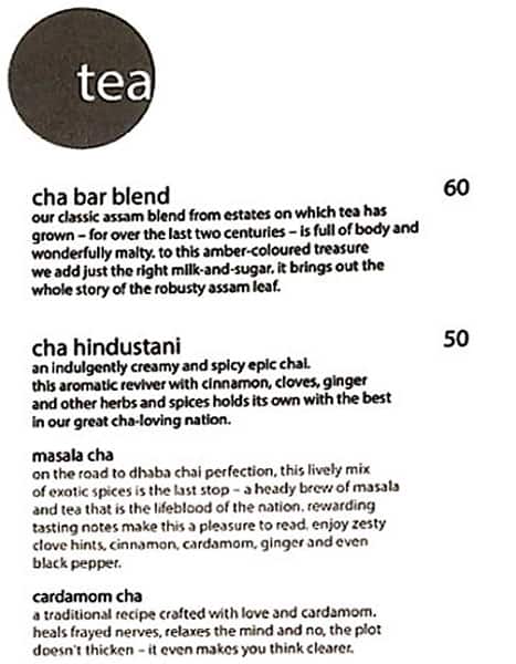 Menu of Cha Bar, Connaught Place, New Delhi