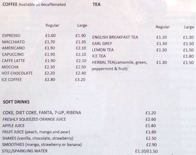Menu at Papa's Cafe, London