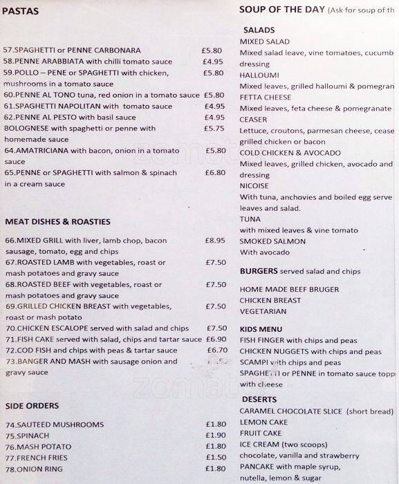 Menu at Papa's Cafe, London
