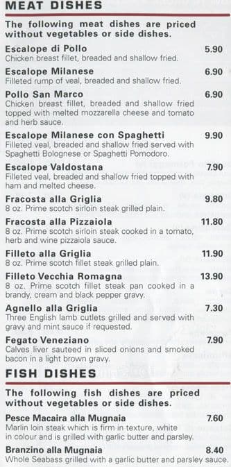 Menu at San Marco restaurant, London, 1-3