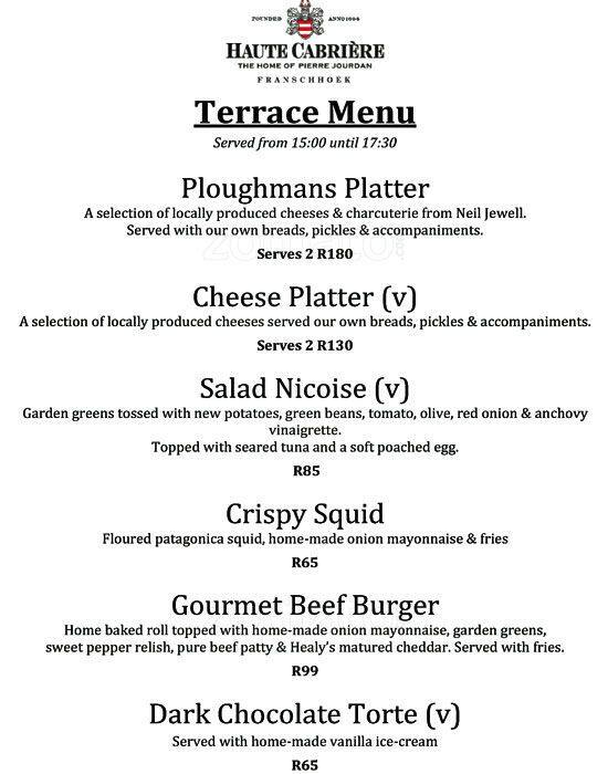 Menu at Haute Cabriere Tasting Room pub & bar, Cape Town