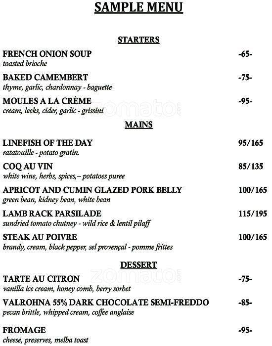 Menu au Haute Cabriere Tasting Room pub et bar, Le Cap
