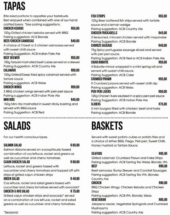 Menu at Airport Craft brewers restaurant, Kempton Park, International ...