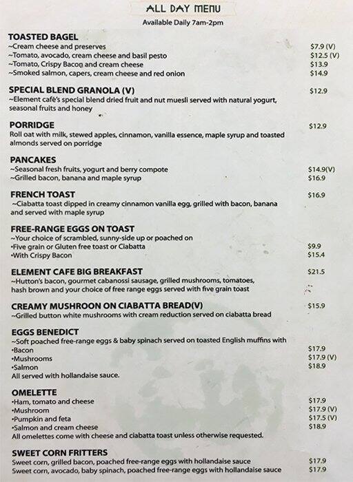 Element Cafe Menu, Menu for Element Cafe, Rosedale, Auckland ...