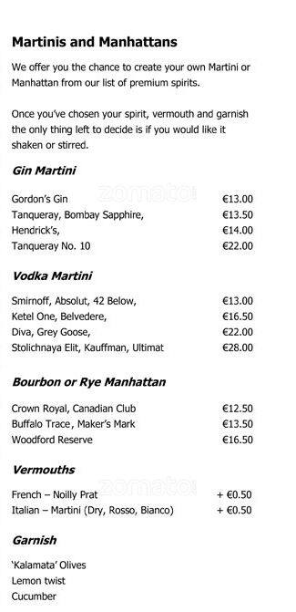 Menu at Jasmine Bar at Brooks Hotel, Dublin