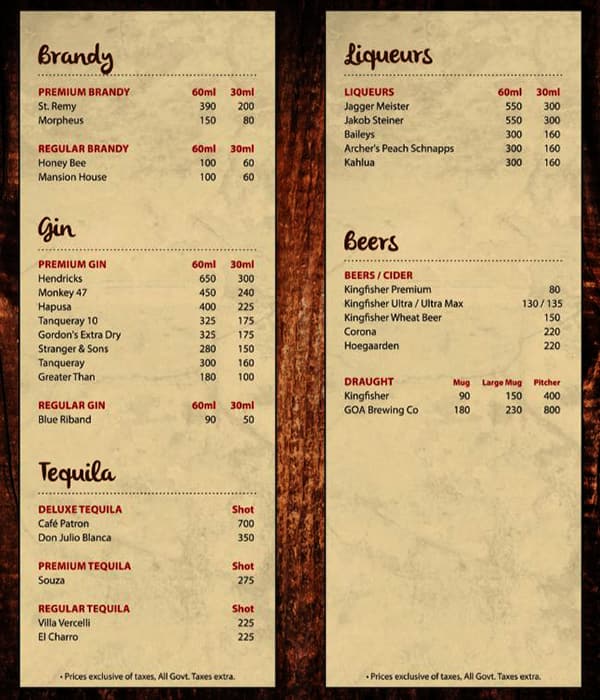 Menu at Riverfront, Panaji