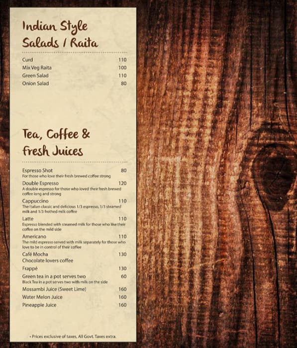 Menu at Riverfront, Panaji