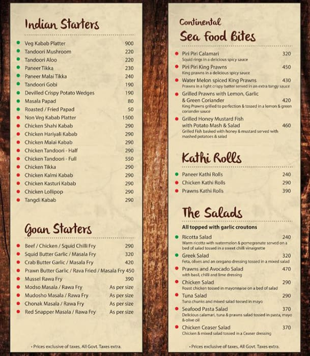 Menu at Riverfront, Panaji