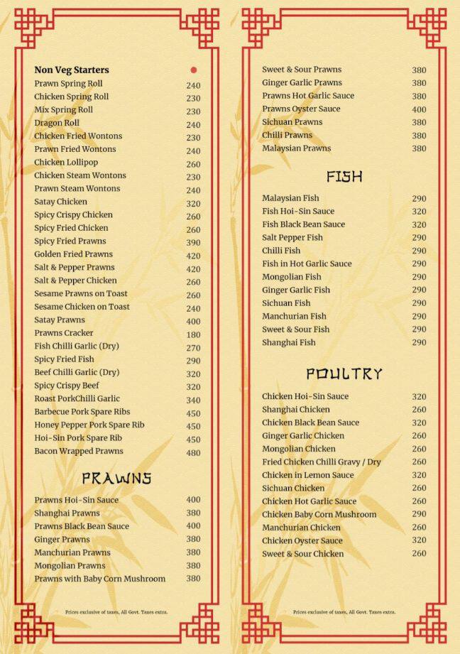 Menu at Riverfront, Panaji