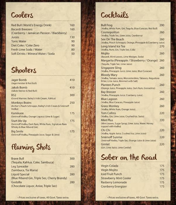 Menu at Riverfront, Panaji
