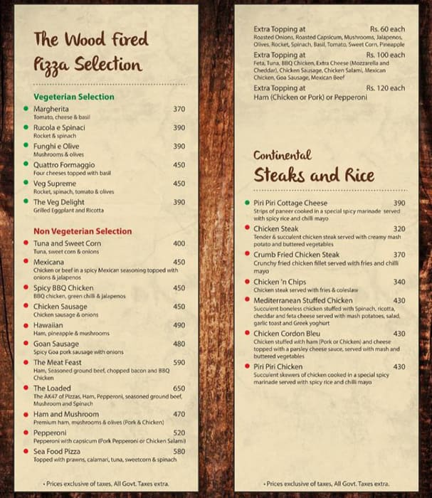 Menu at Riverfront, Panaji