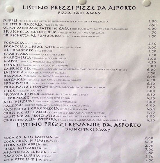 Menu at Piatto Romano restaurant, Rome