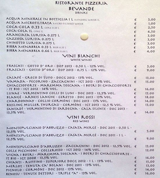 Menu at Piatto Romano restaurant, Rome