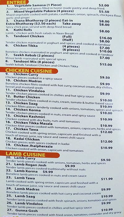 Menu at Taste of Jaipur restaurant, Dandenong, 52E Foster St
