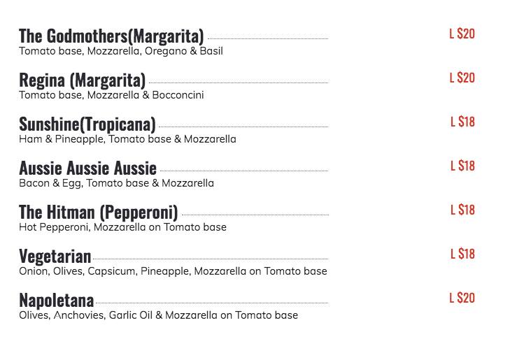 Menu at The Godfathers Pizza restaurant, Ashgrove