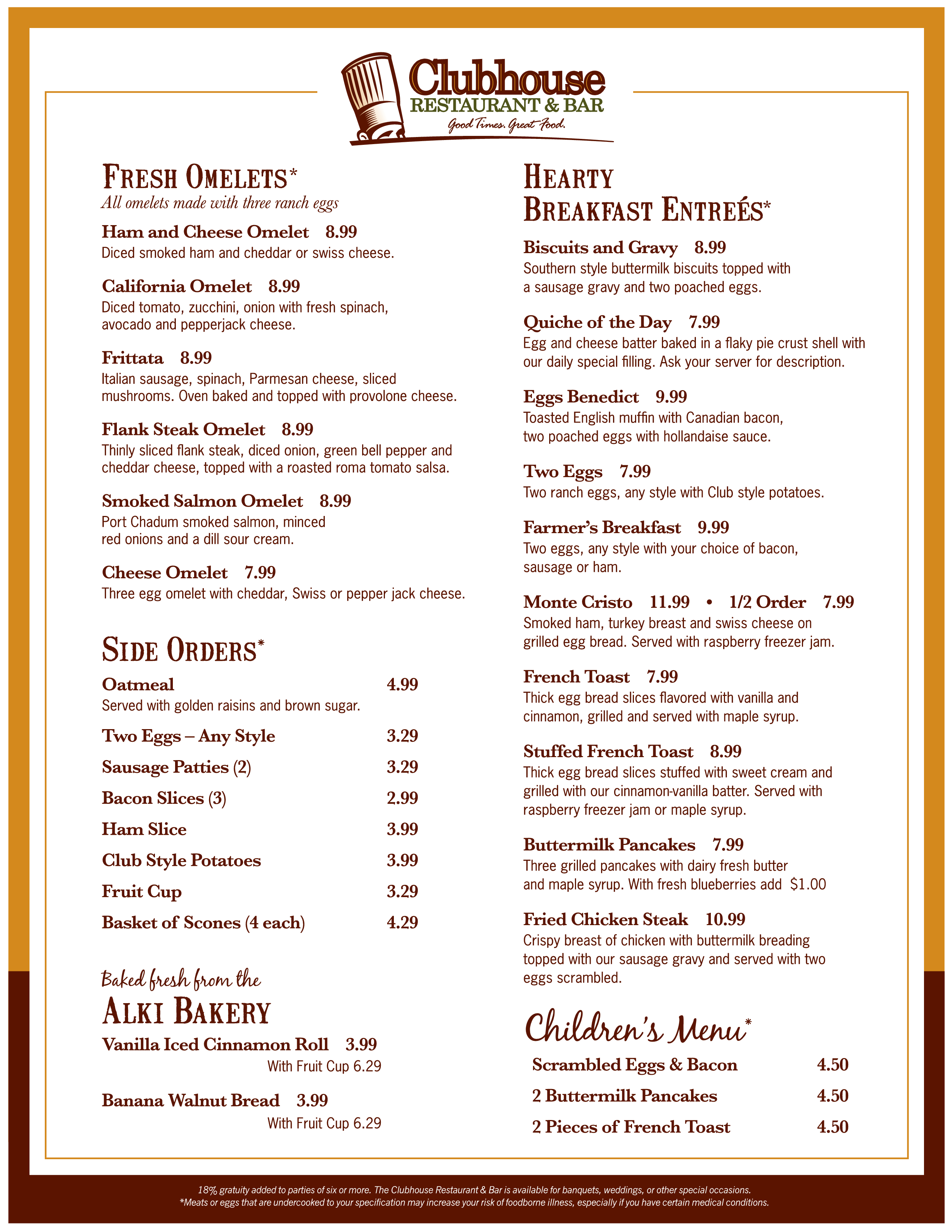 Menu at Clubhouse Restaurant & Bar, Port Orchard