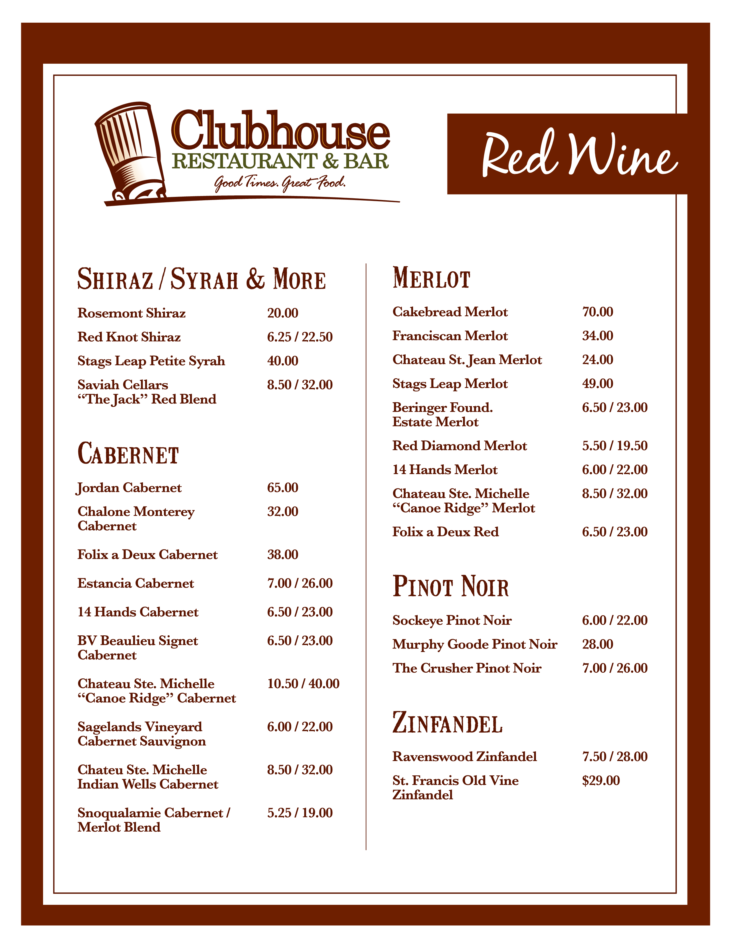 Menu at Clubhouse Restaurant & Bar, Port Orchard
