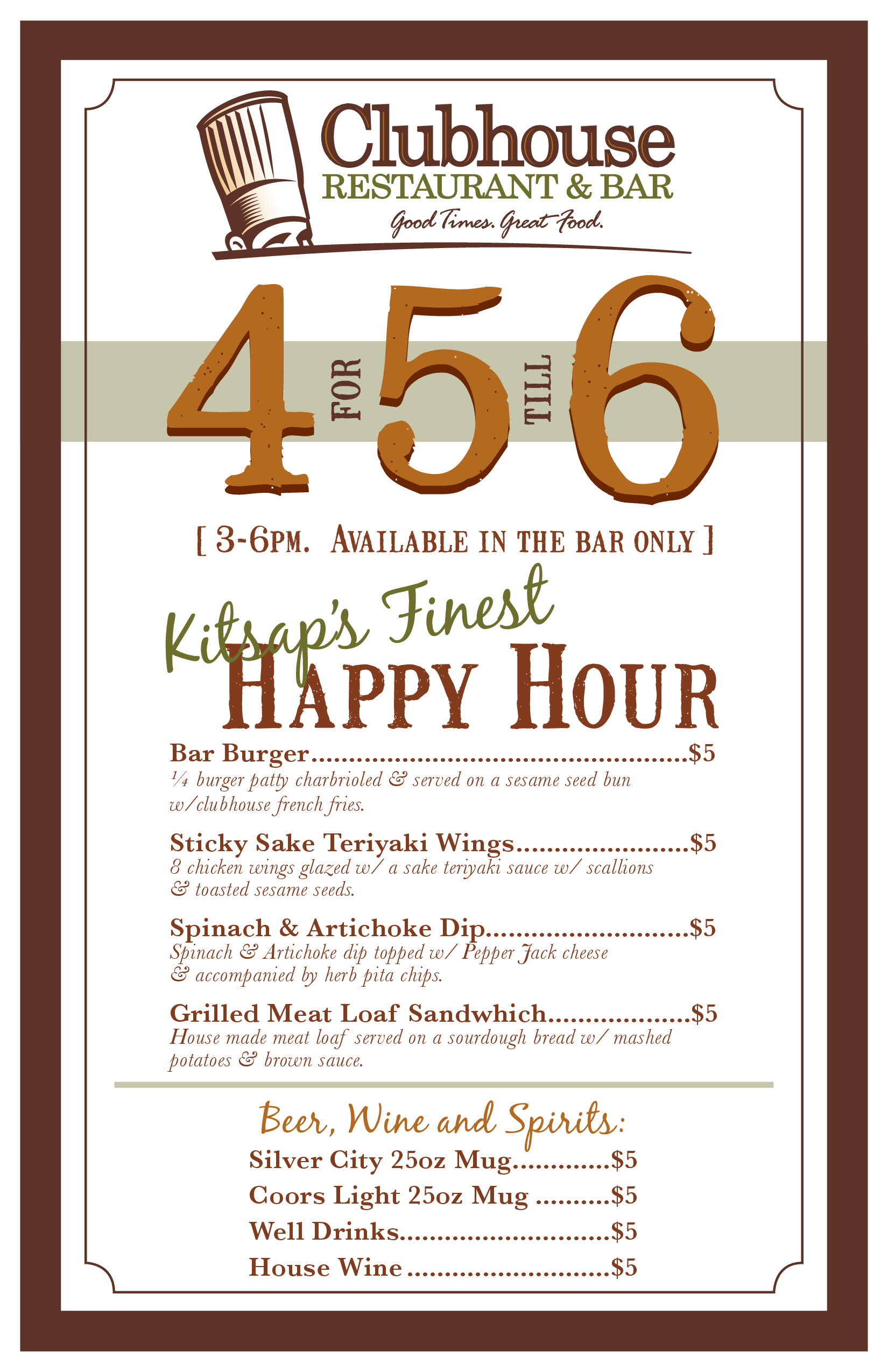 Menu at Clubhouse Restaurant & Bar, Port Orchard